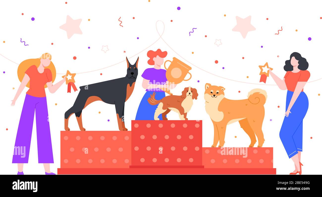 Dog show award. Female owner holding trophy golden goblet, dogs winning ...