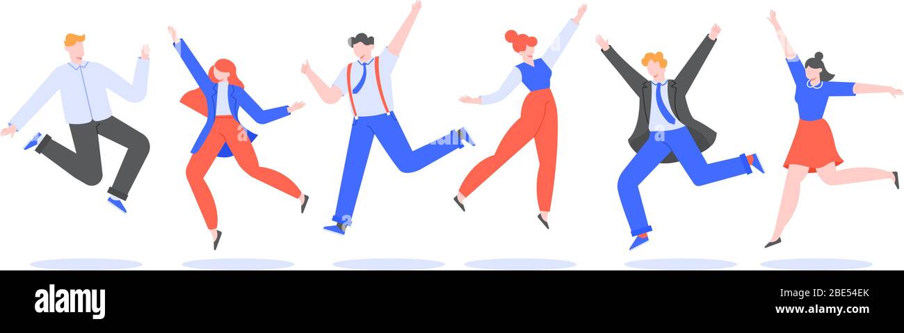 Happy jumping office team. Smiling people jumping at work winning party ...