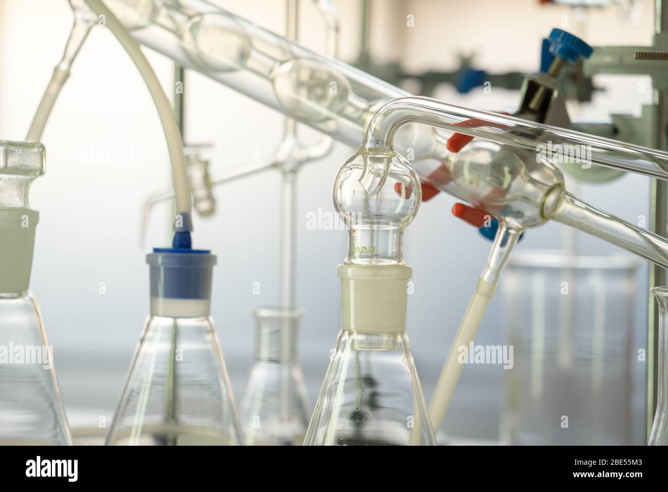 Glass instruments in the laboratory of chemical synthesis Stock Photo ...