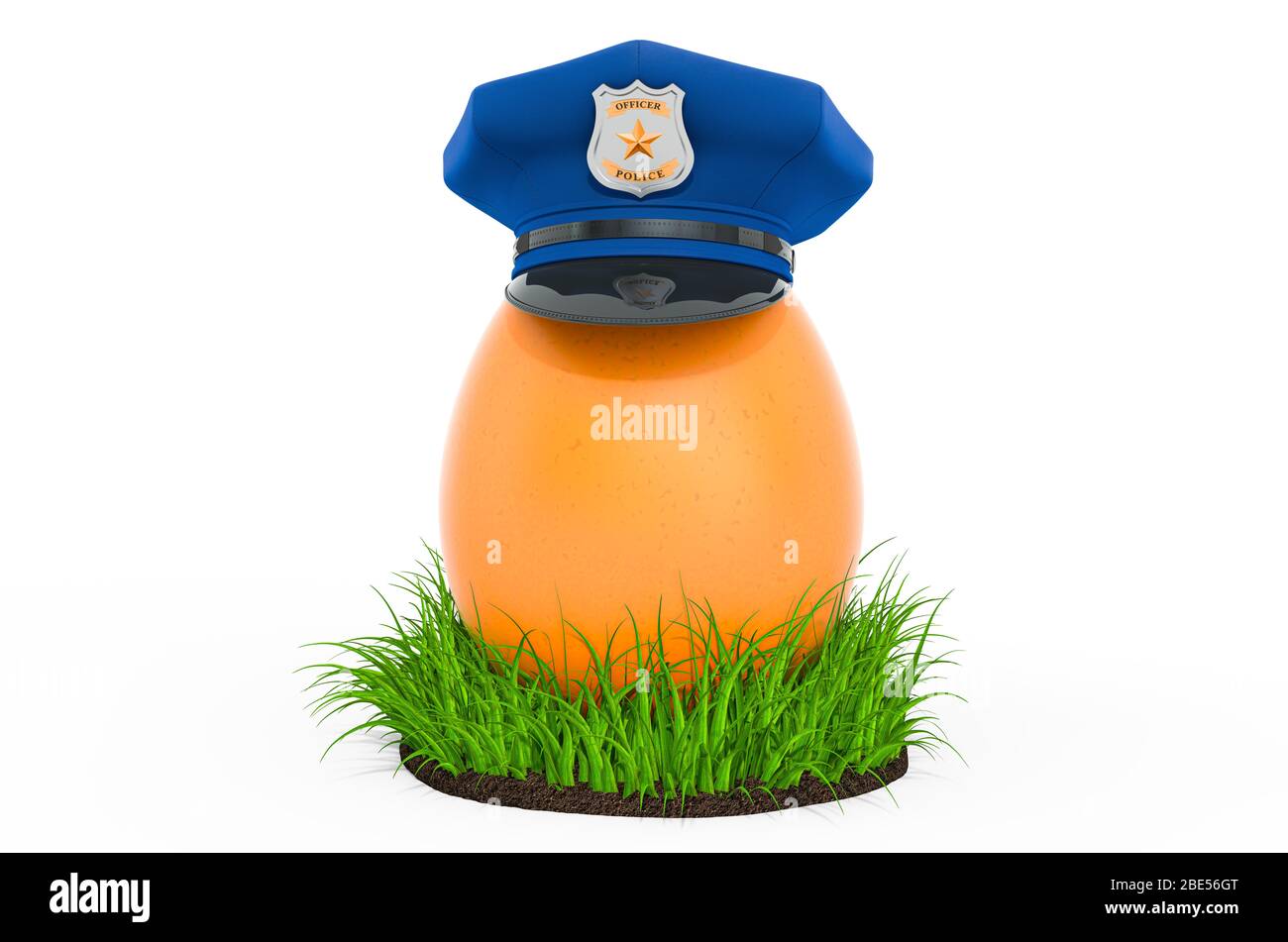 Egg with police hat in the green grass, 3D rendering isolated on white ...