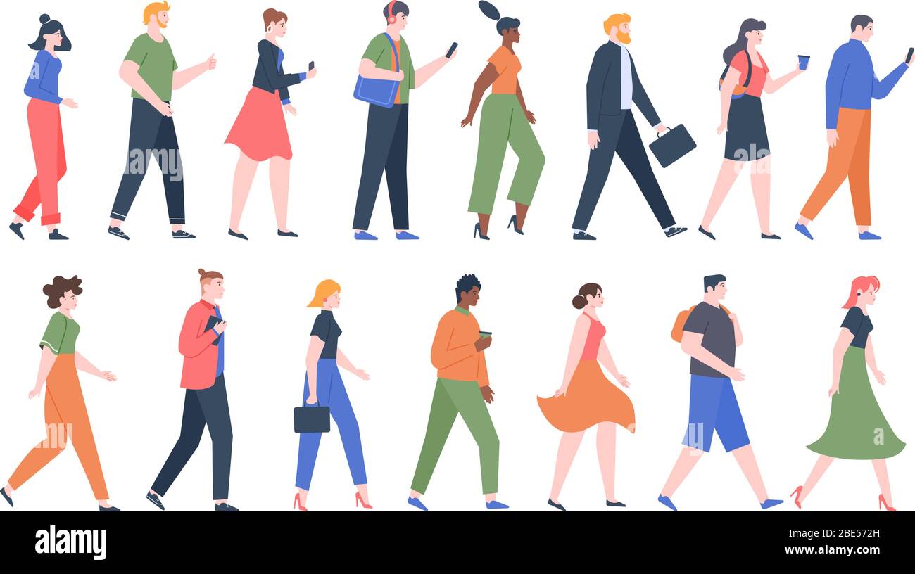 Walking people. Business men and women walk side profiles, people in ...
