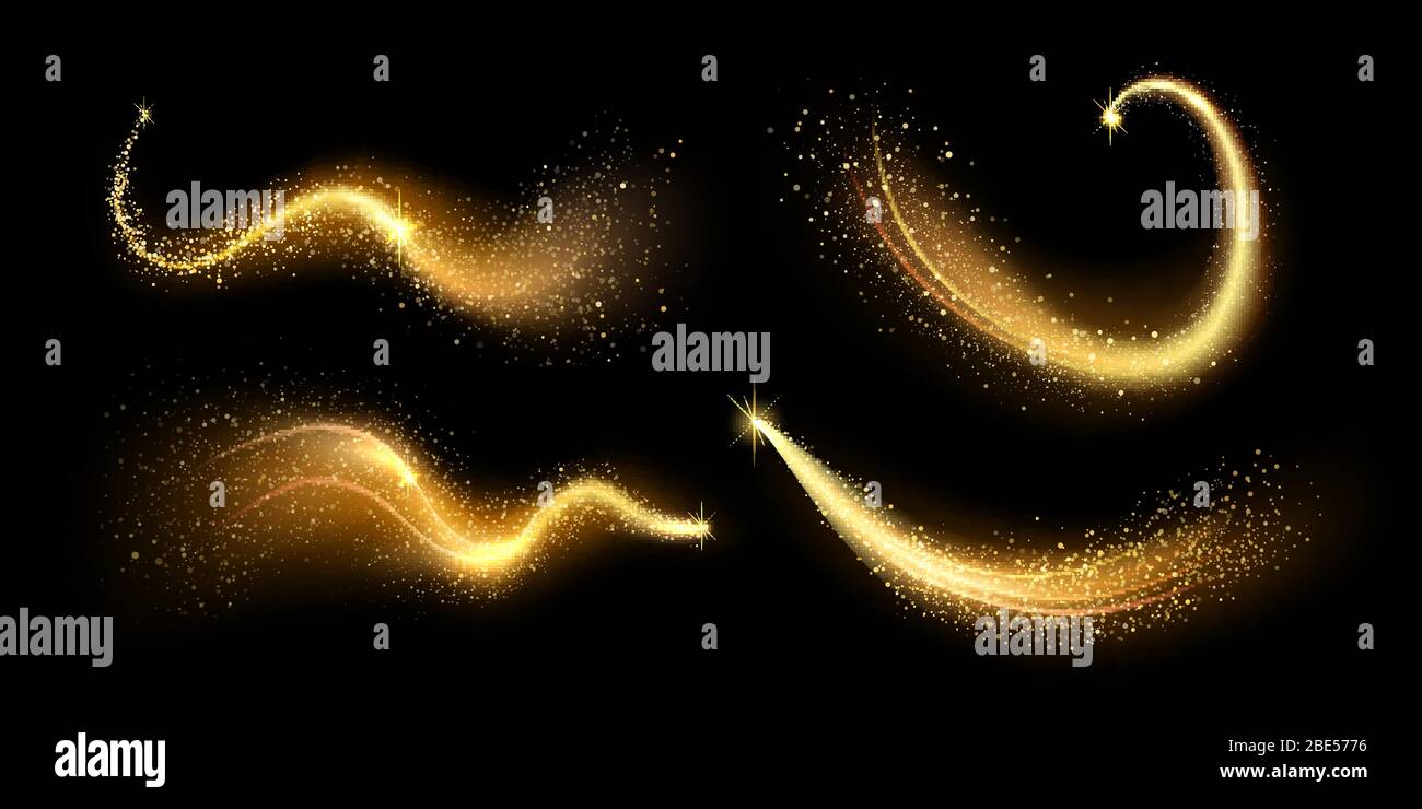 Magical gold sparkles dust. Golden lighting sparkle trail, glittering ...