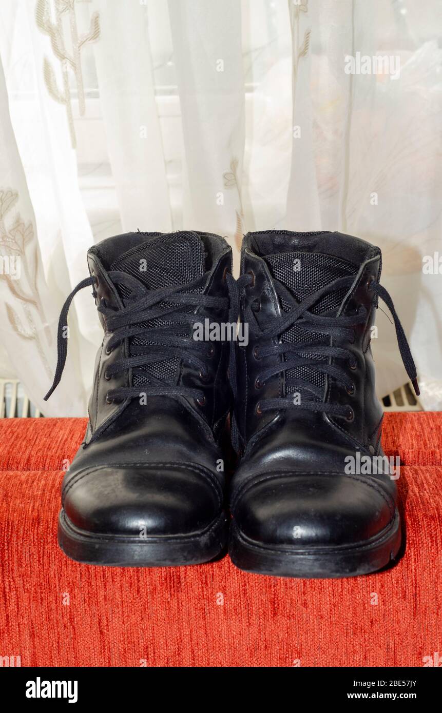 Old Black Leather Boots, Vintage Stock Photo - Alamy