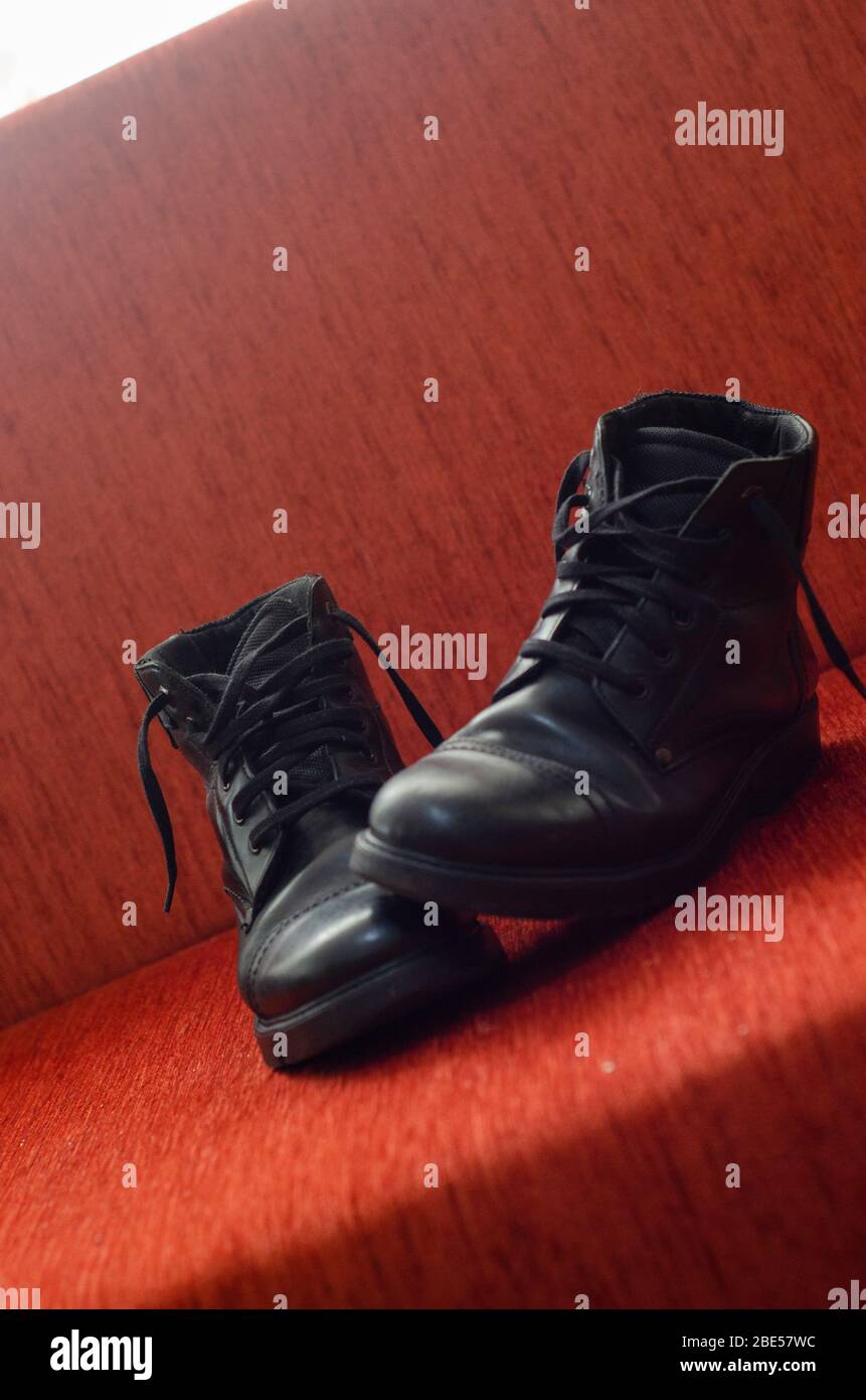 Old Black Leather Boots, Vintage Stock Photo - Alamy