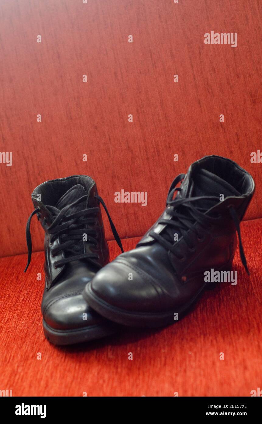 Old Black Leather Boots, Vintage Stock Photo - Alamy