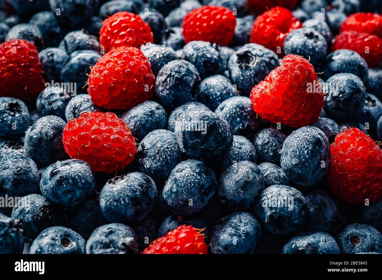 Fresh raspberries and blueberries great bilberry background. Healthy ...
