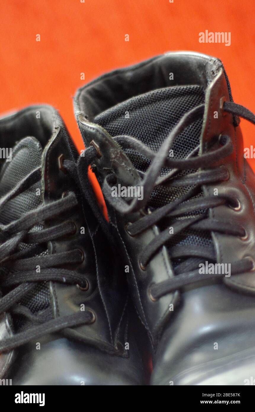 Old Black Leather Boots, Vintage Stock Photo - Alamy