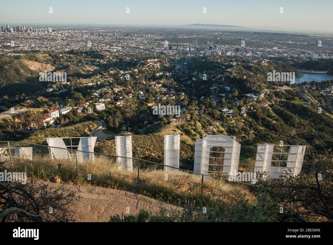 View from behind of Hollywood sign from top of Mount Lee with Los ...