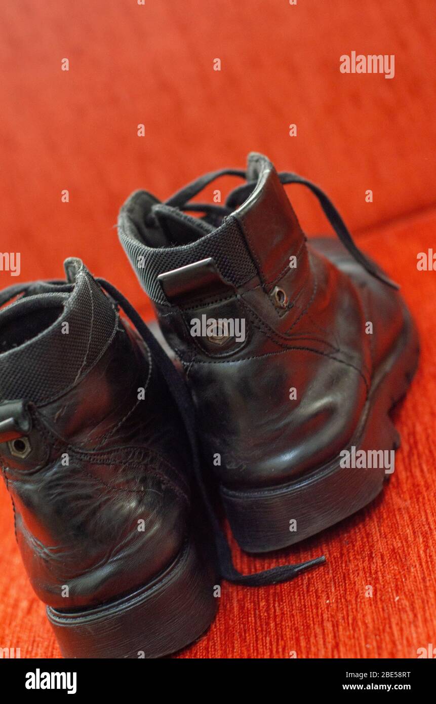 Old Black Leather Boots, Vintage Stock Photo - Alamy