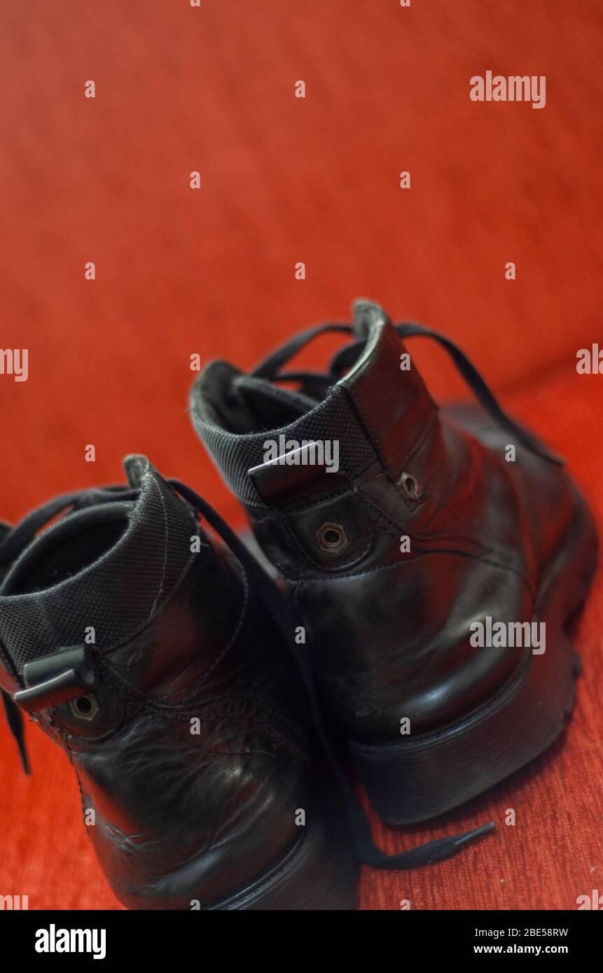 Old Black Leather Boots, Vintage Stock Photo - Alamy