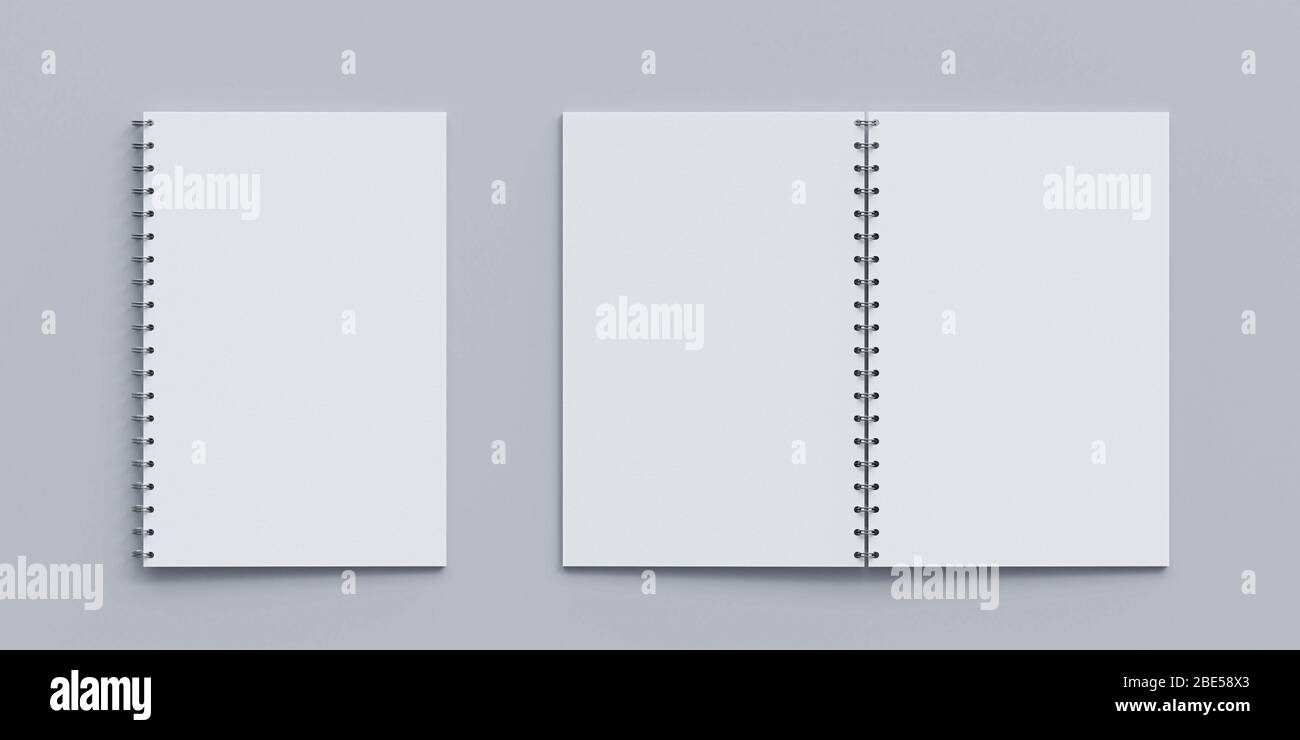 Open and closed blank note book on white desk copy space empty blank to ...