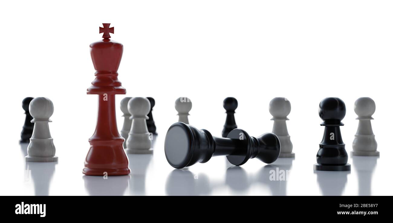 Chess game - red king figure and fallen queen and pawns on a white ...