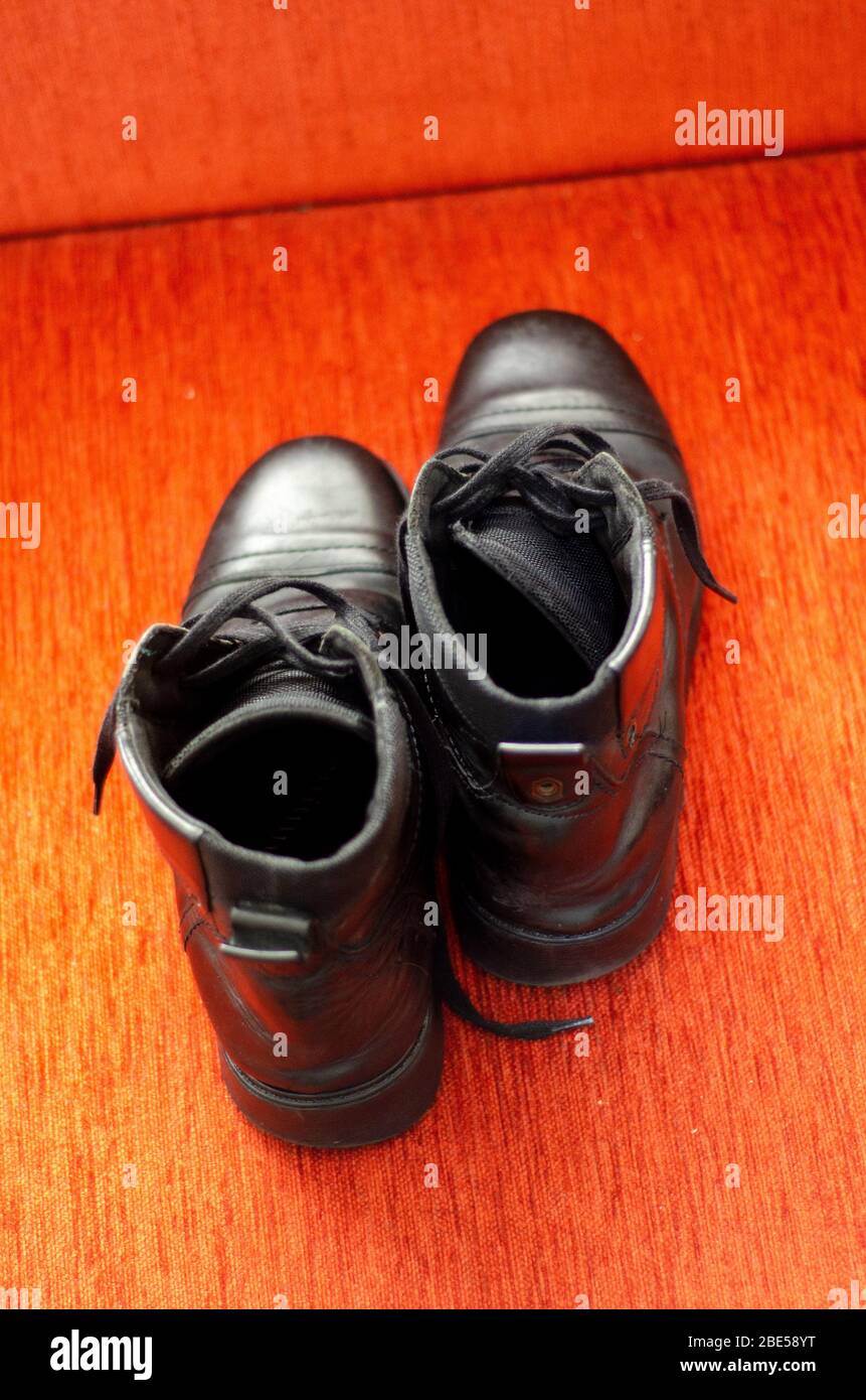 Old Black Leather Boots, Vintage Stock Photo - Alamy