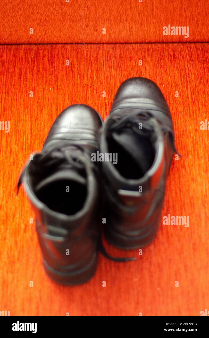 Old Black Leather Boots, Vintage Stock Photo - Alamy