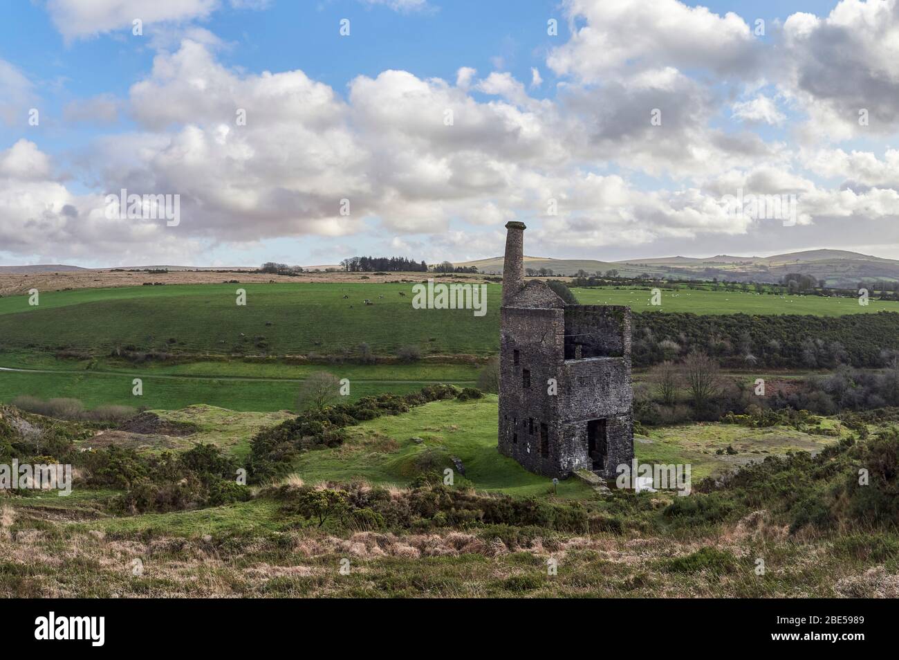 Wheal Betsy tin mine engine house remain with its leaning chimney on ...