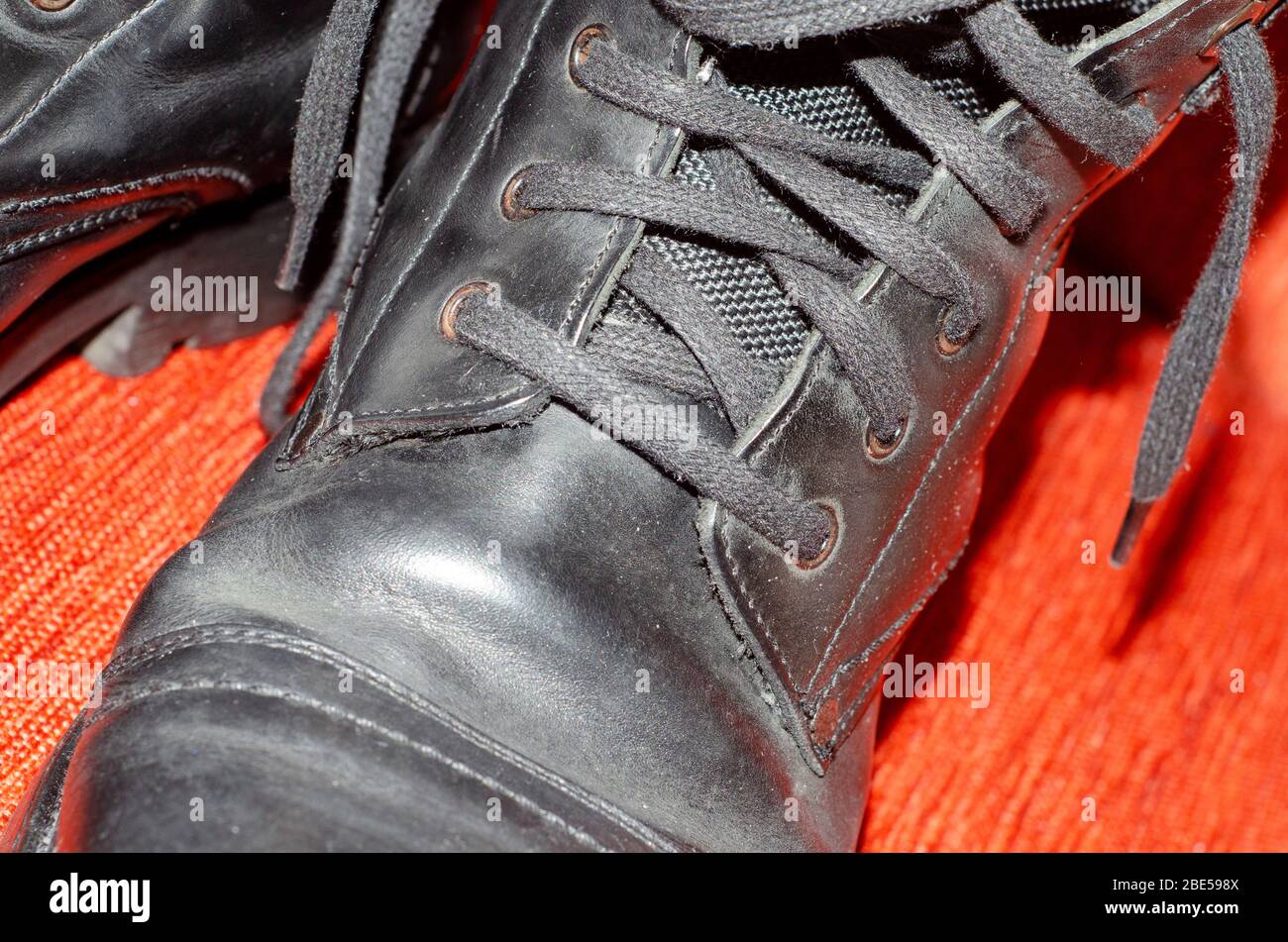 Old Black Leather Boots, Vintage Stock Photo - Alamy