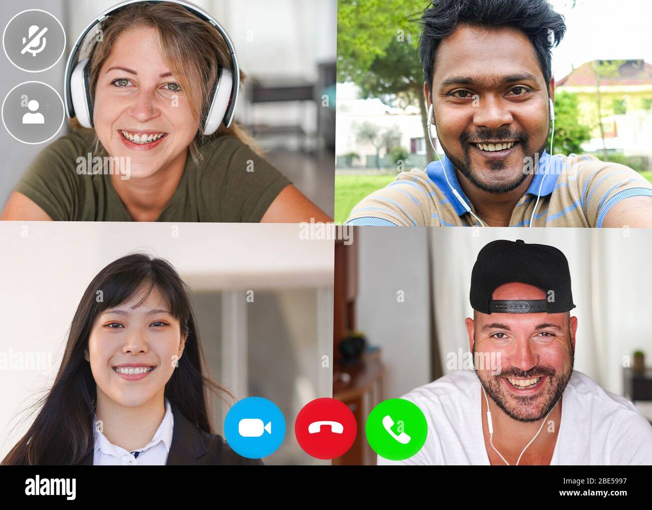 Multiracial friends having fun chatting on web platform wearing ...