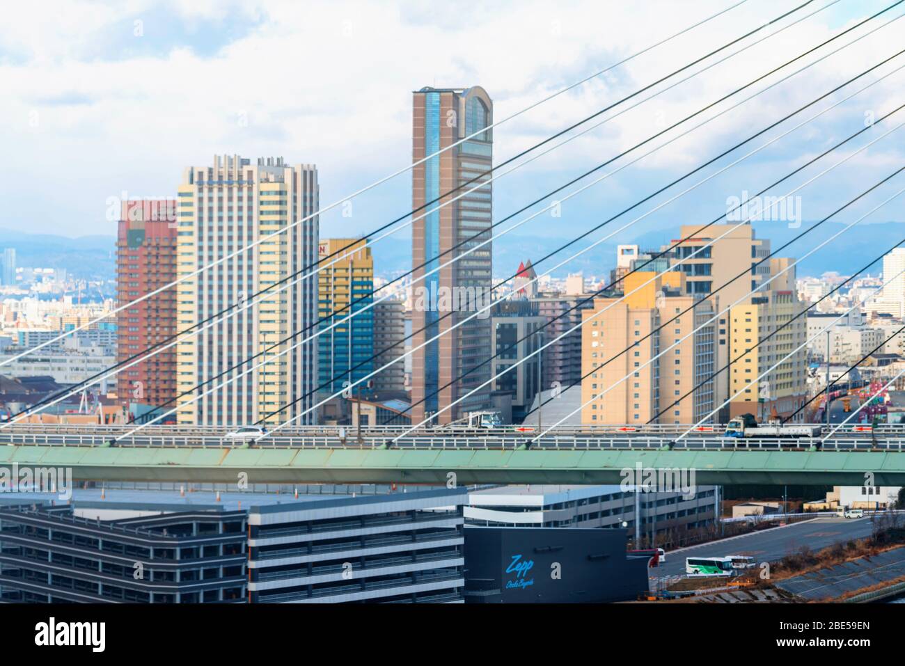 Aerial view of Osaka cityscape from Tempozan Giant ferris wheel, Japan ...