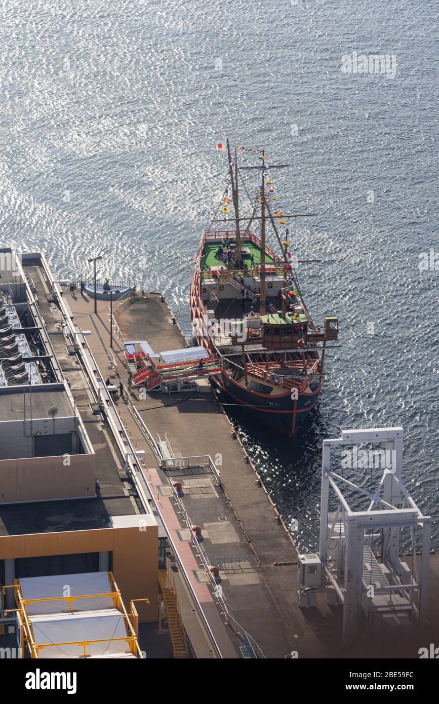 OSAKA, JAPAN – February 06, 2020; Aerial view of a ship at Osaka port ...
