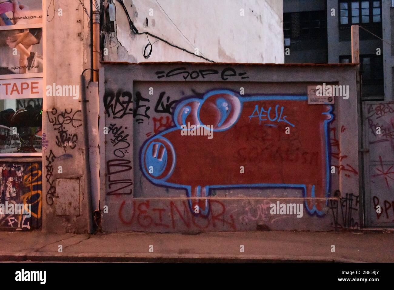 red pig graffiti in BUcharest at night Stock Photo - Alamy
