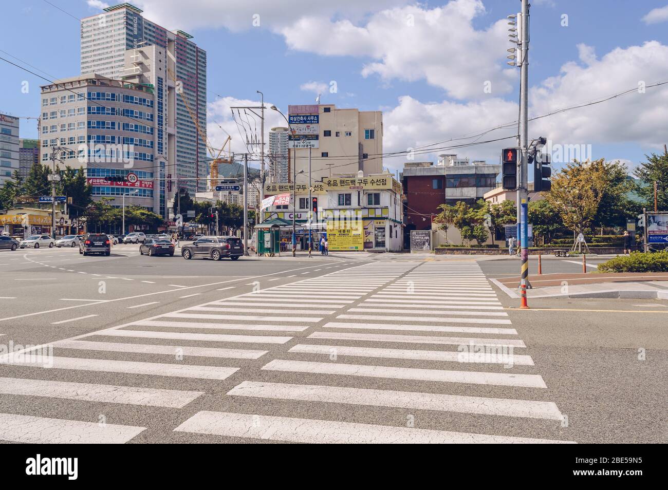 Busan, South Korea September 13, 2019: empty crosswalk and traffic ...