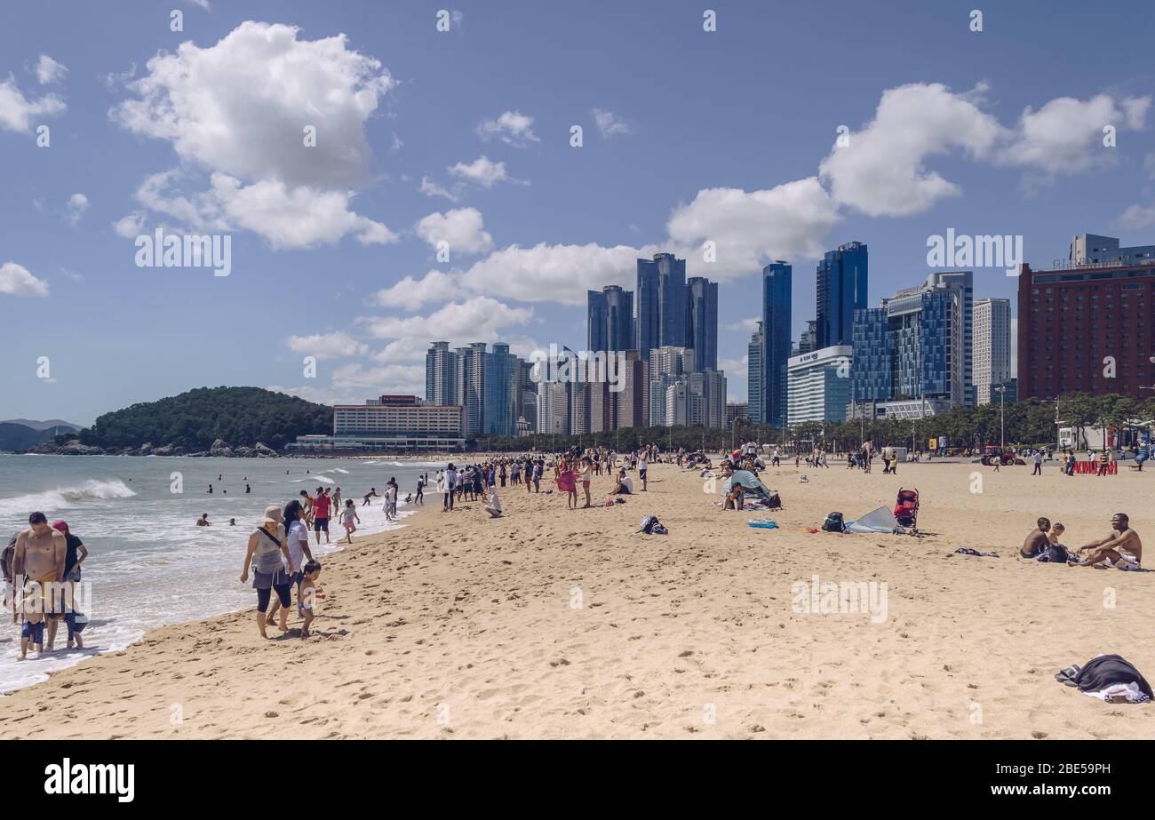 Busan, South Korea September 13, 2019: people enjoying sunny weather on ...