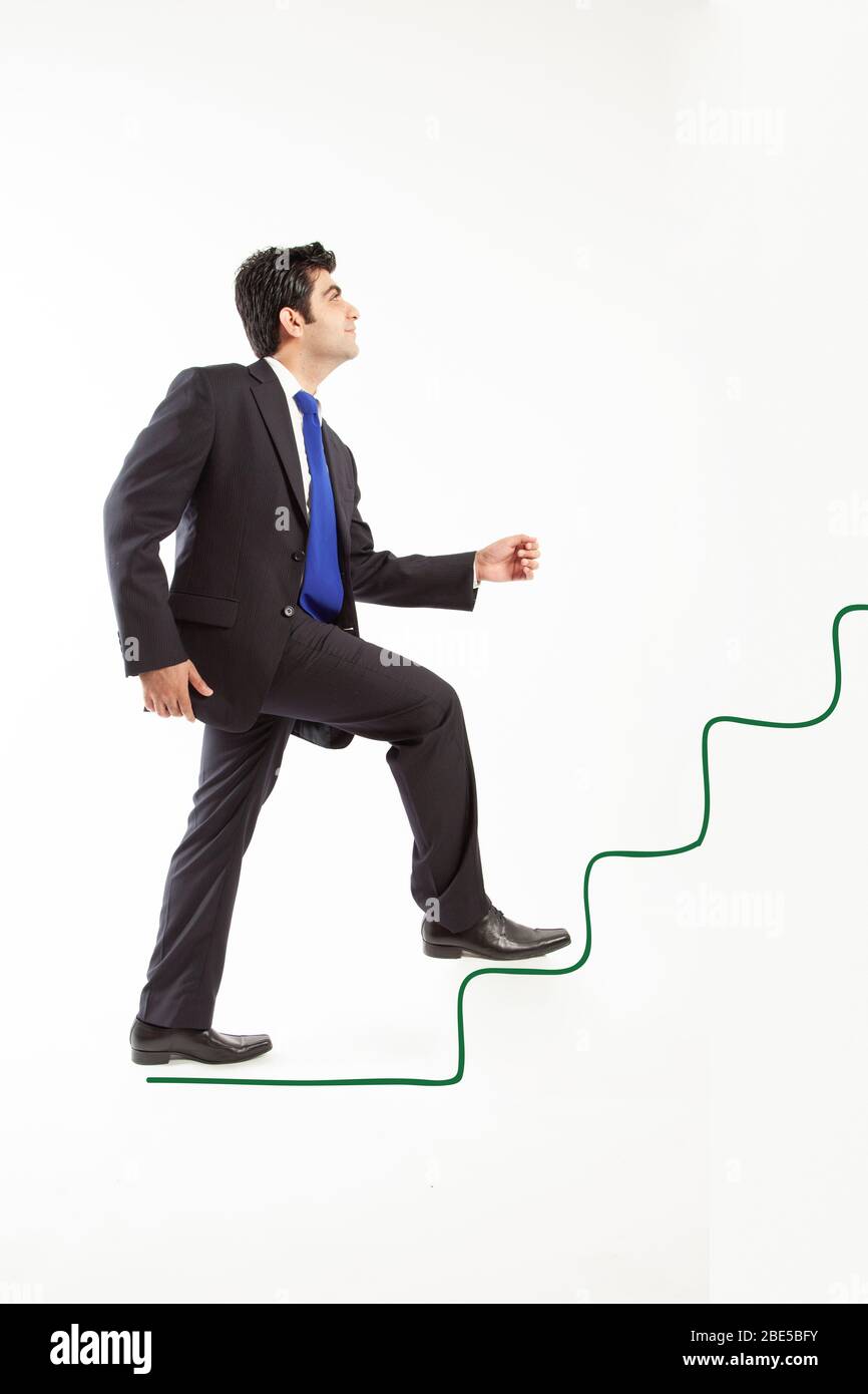 Man wearing suit climbing upward in line drawing stairs isolated on ...