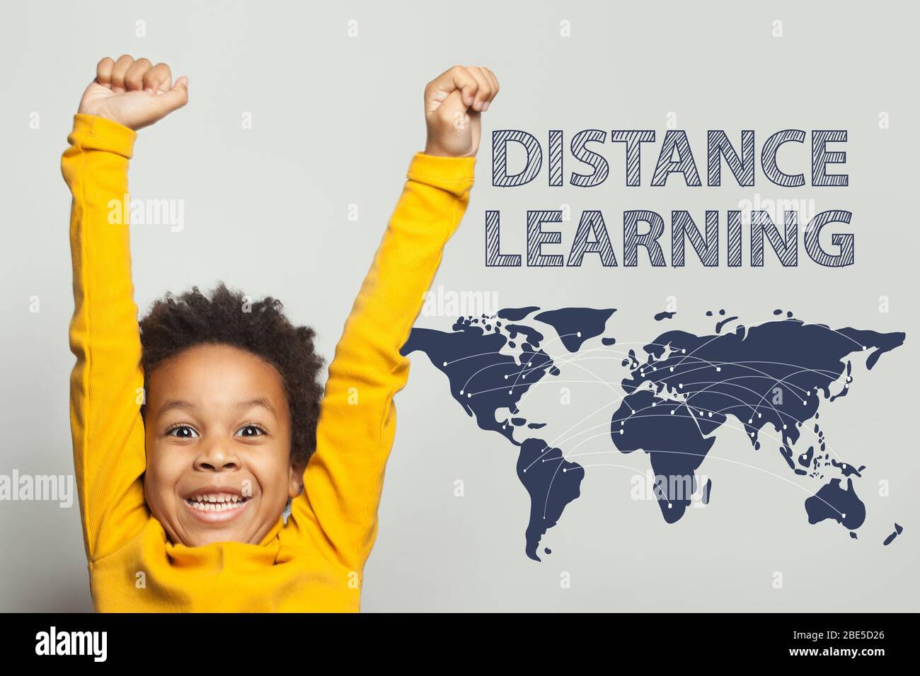 Curious child boy with world map, Distance education Stock Photo - Alamy