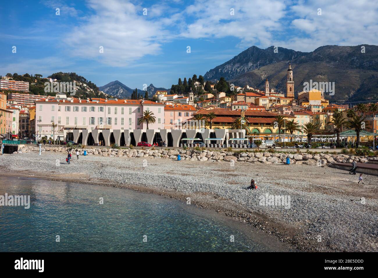 Menton town in France, beach on French Riviera and town skyline, Alpes ...