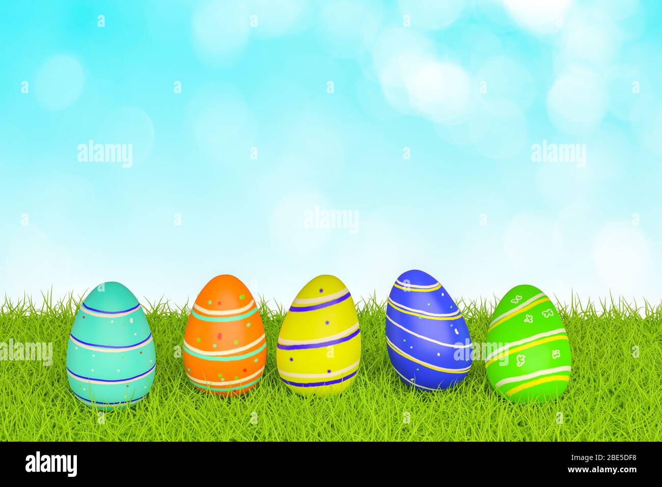easter eggs on grass field on white background, 3D illustration ...