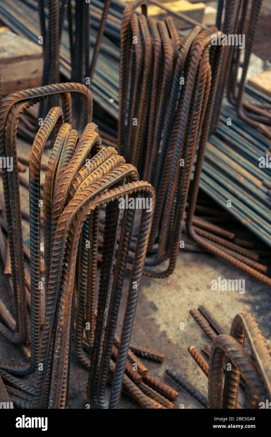 Construction background. Rebar reinforcement for concrete work on a ...