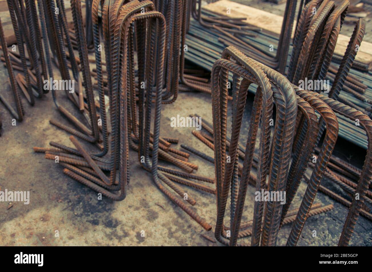 Construction background. Rebar reinforcement for concrete work on a ...