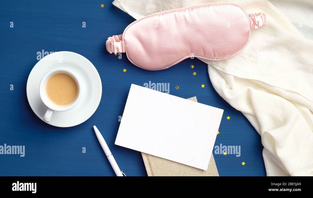 Happy morning, early wake up, stay awake concept. Top view pink ...