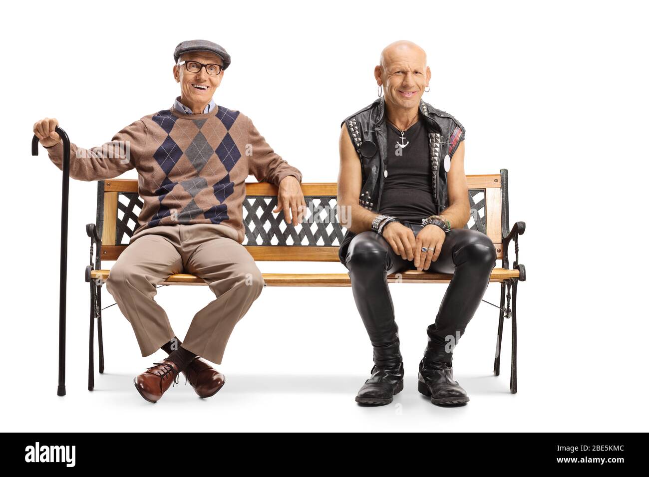 Punk and senior man sitting on a bench isolated on white background ...