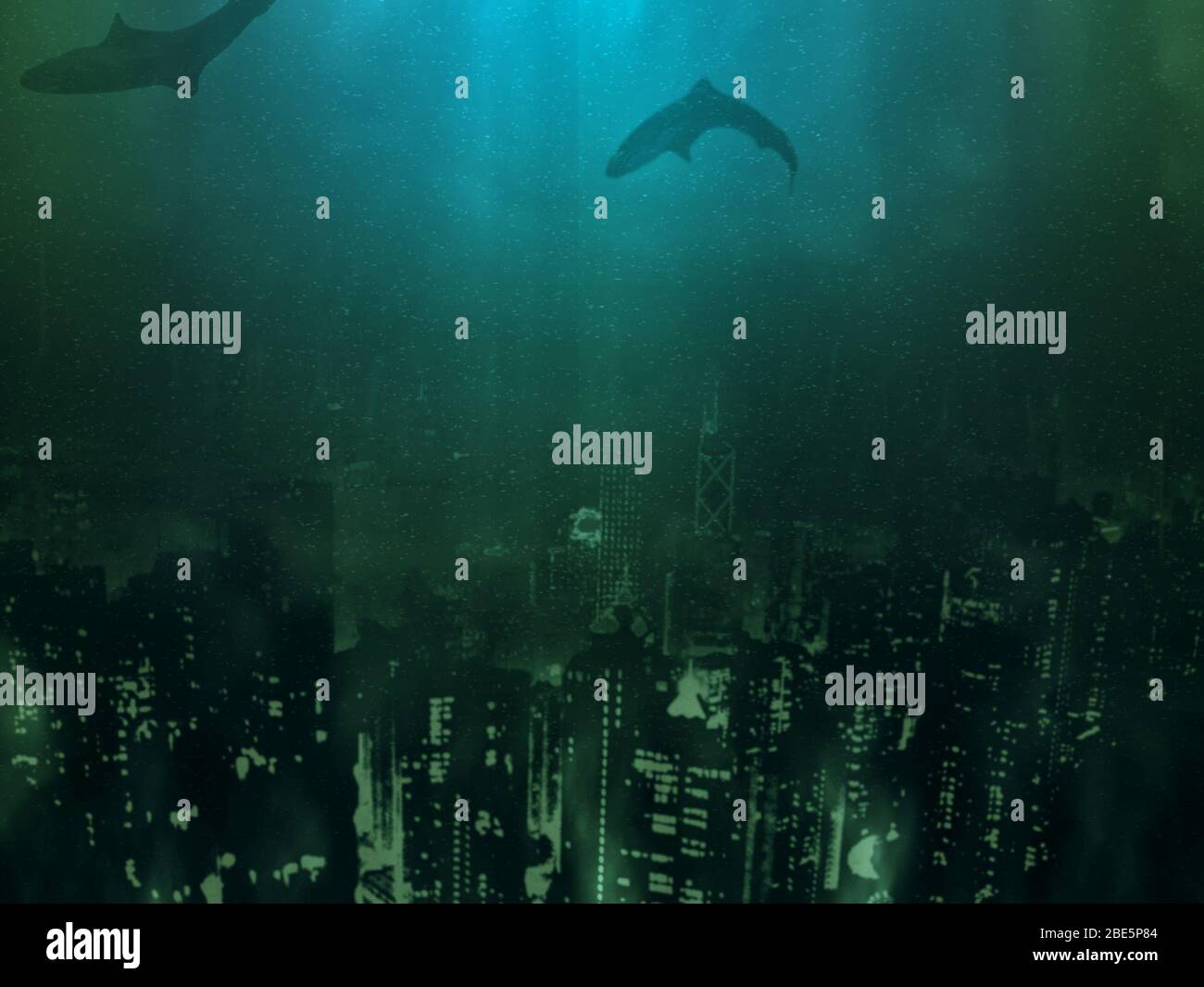 Modern city ruins on sea or ocean bottom. Apocalypse urban underwater ...