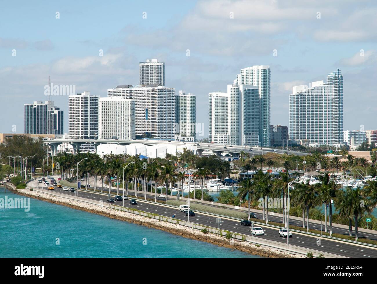 The view of MacArthur Causeway with Miami downtown skyline in a ...