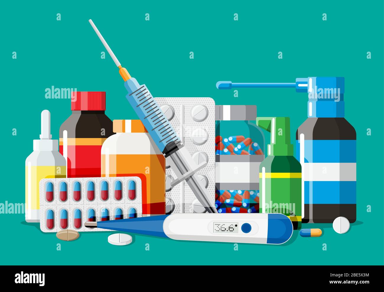 Medicine collection. Set of bottles, tablets, pills, capsules and ...