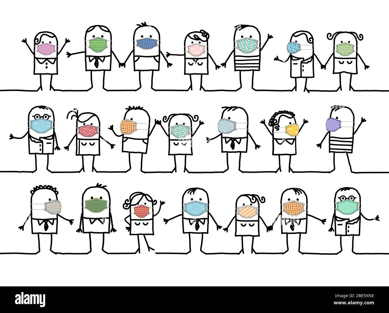 hand drawn Cartoon group of people wearing home-made colored protection ...