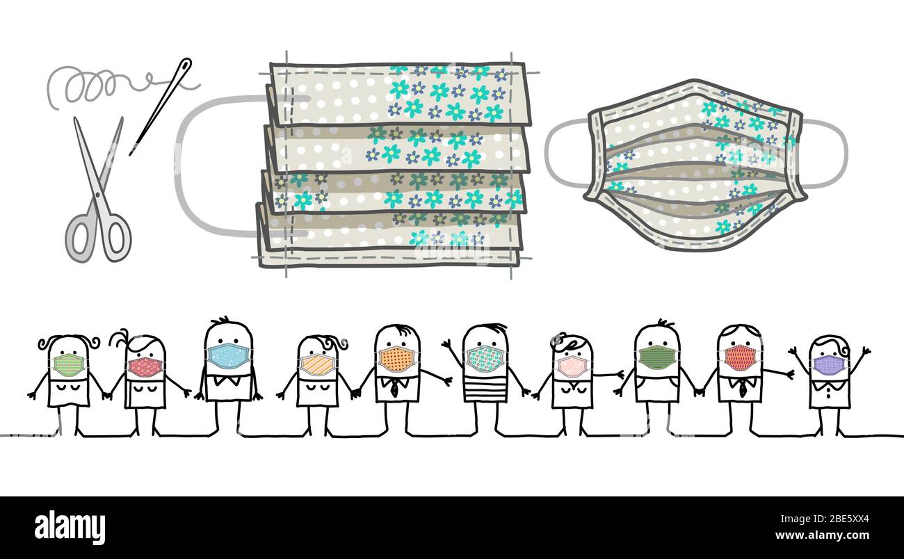 hand drawn Cartoon people wearing home-made sewn fabric protection ...