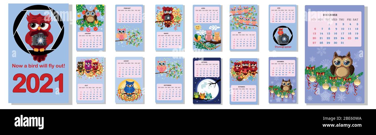 Calendar 2021. Cute owls and birds for every month Stock Vector Image ...