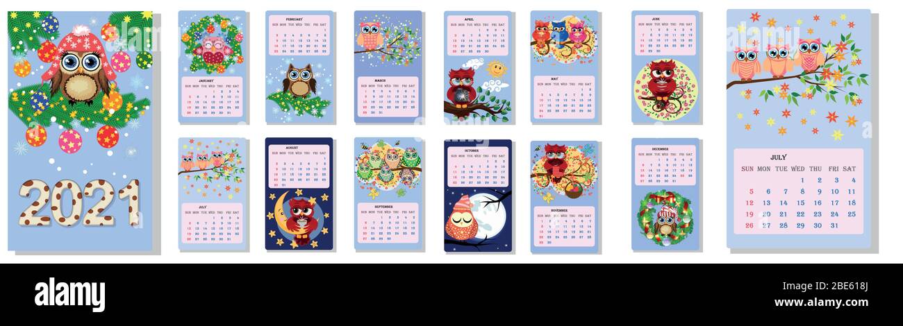 Calendar 2021. Cute owls and birds for every month Stock Vector Image ...