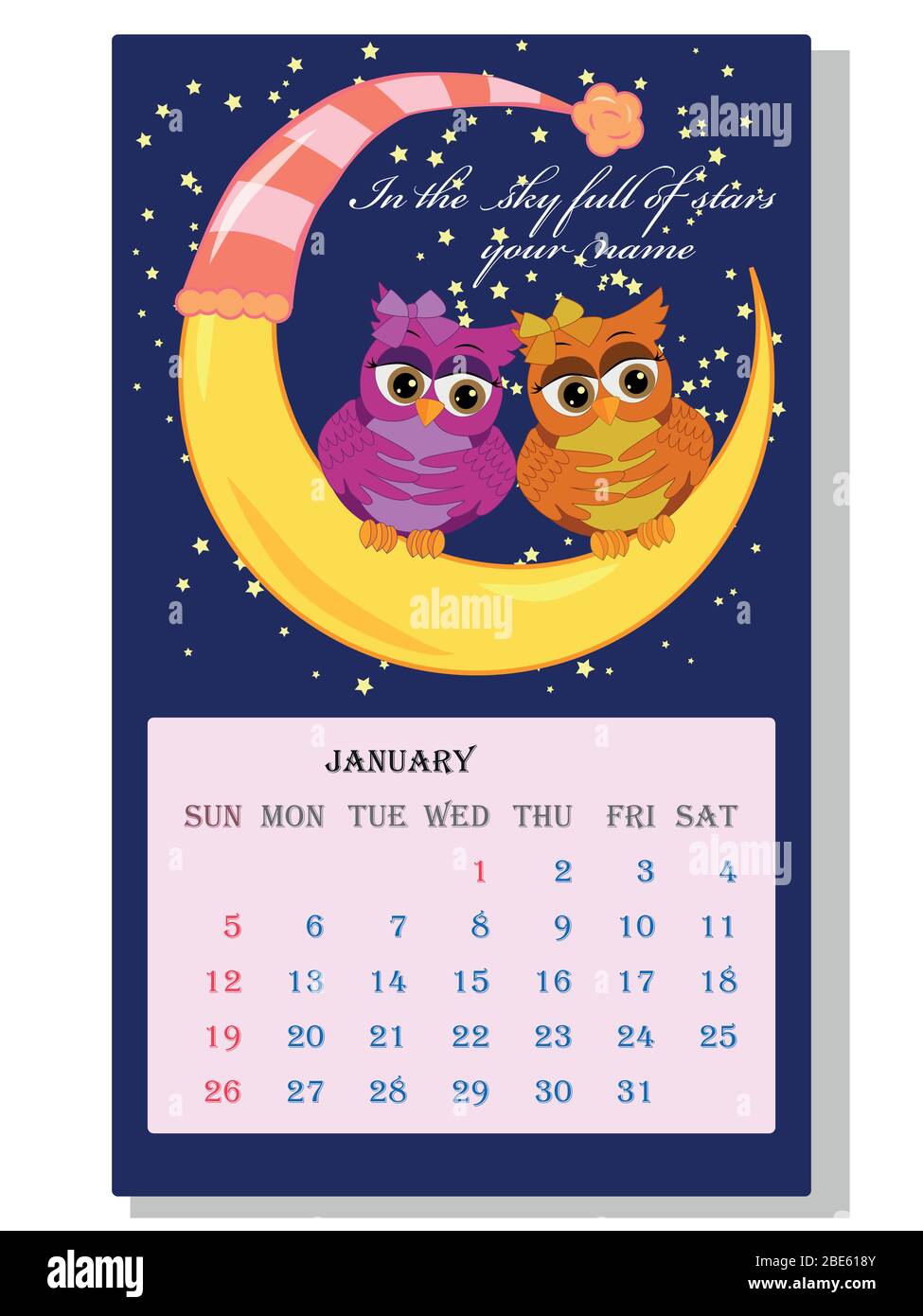 Calendar 2021. Cute calendar with funny cartoon owls Stock Vector Image ...