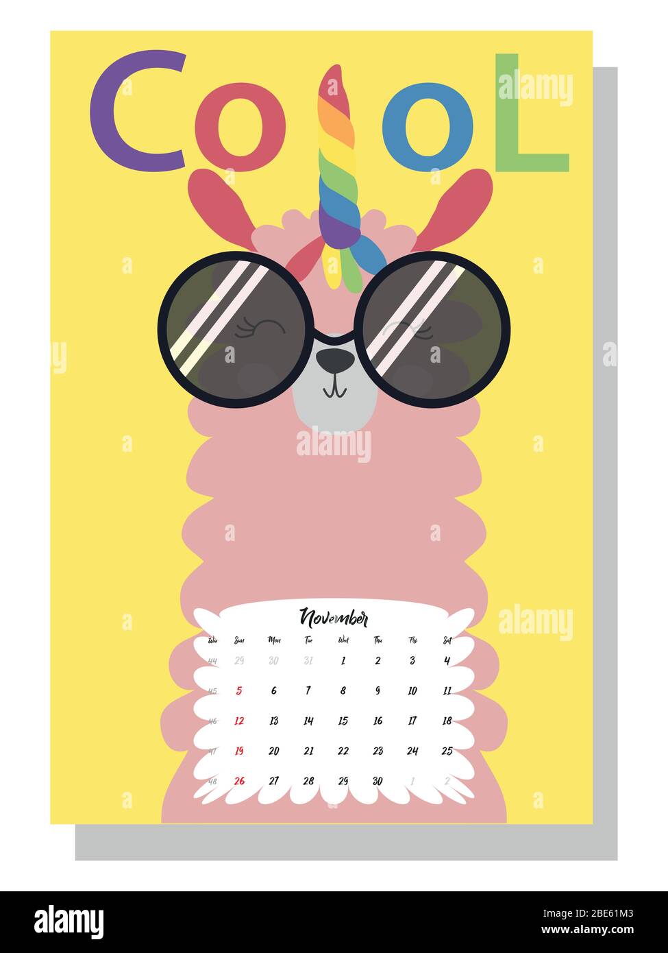 Cute monthly calendar of 2021 with a llama, cactus, inscriptions in the ...