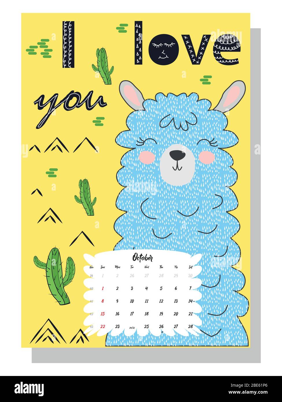 Cute monthly calendar of 2021 with a llama, cactus, inscriptions in the ...