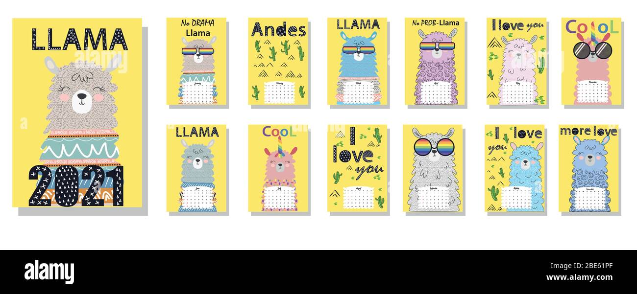Cute monthly calendar of 2021 with a llama, cactus, inscriptions in the ...