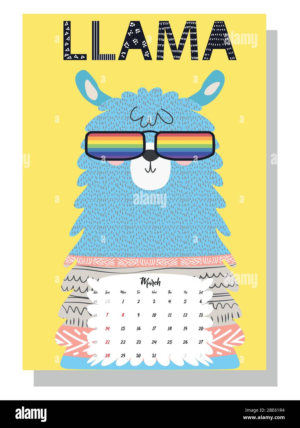 Cute monthly calendar of 2021 with a llama, cactus, inscriptions in the ...