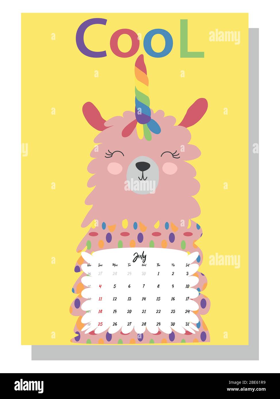 Cute monthly calendar of 2021 with a llama, cactus, inscriptions in the ...