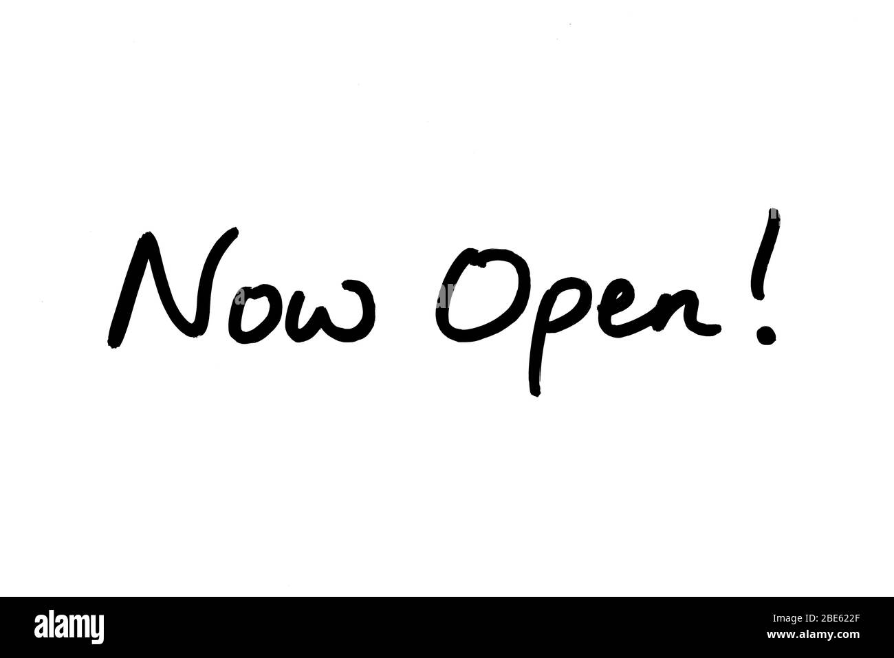 Now Open! handwritten on a white background Stock Photo - Alamy