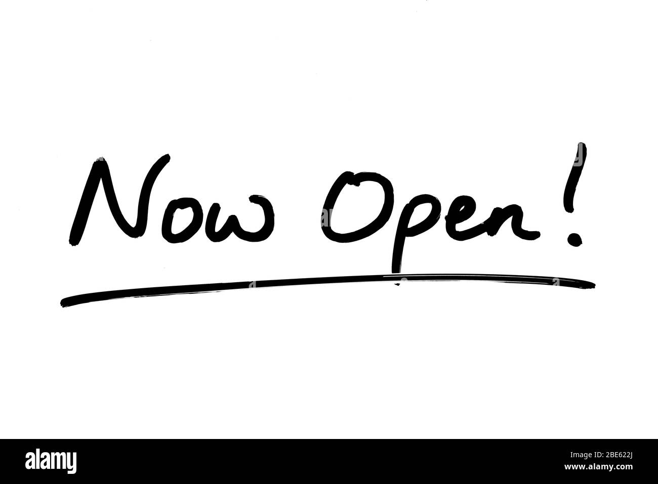 Now Open! handwritten on a white background Stock Photo - Alamy