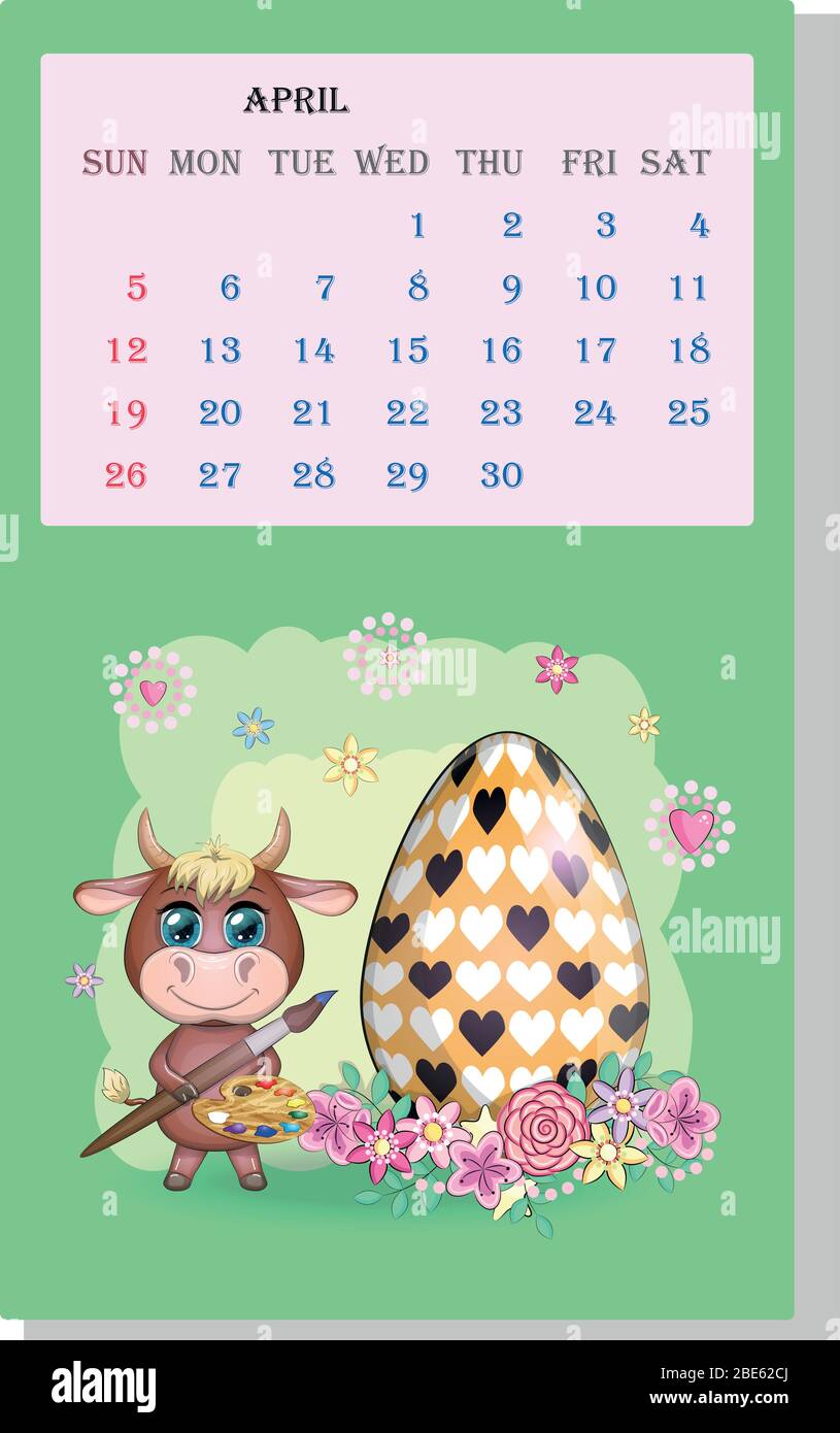 Calendar 2021. Cute bull and cow for every month Stock Vector Image ...
